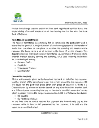 Mcb bank internship report 2013 | PDF