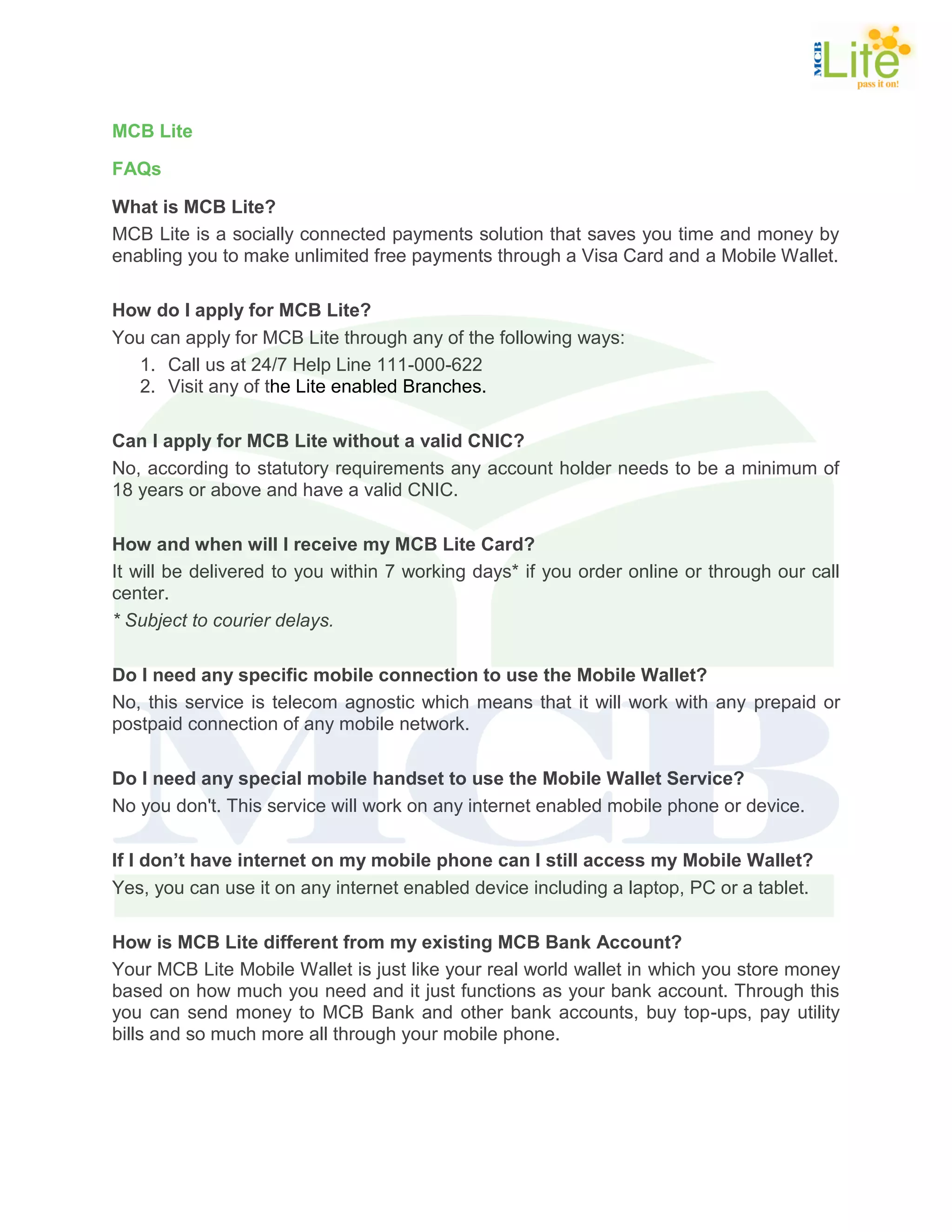 MCB Lite FAQs | PDF