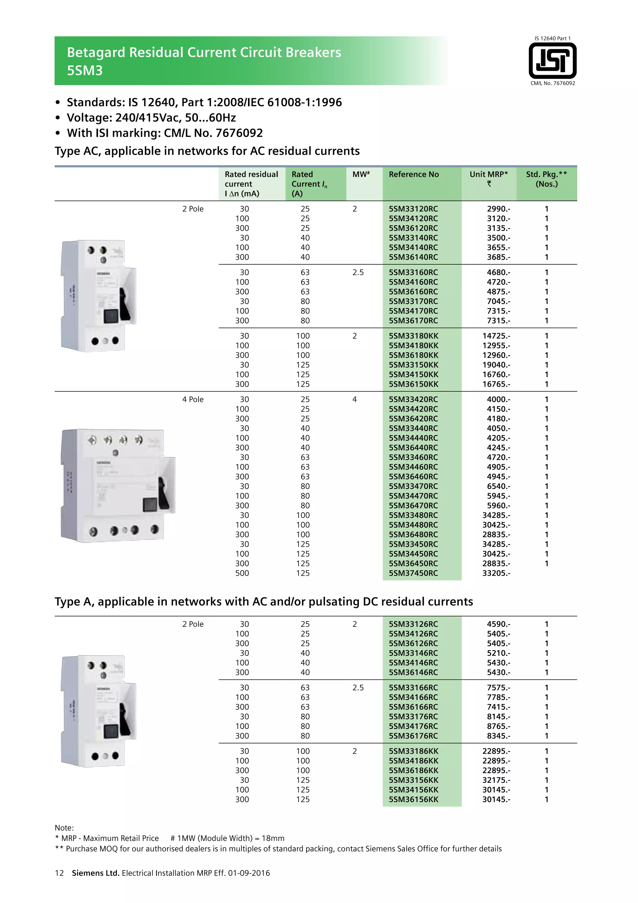 Mcb price list_electrical_installations_a_to_z_w.e.f_1st_sep_2016 | PDF