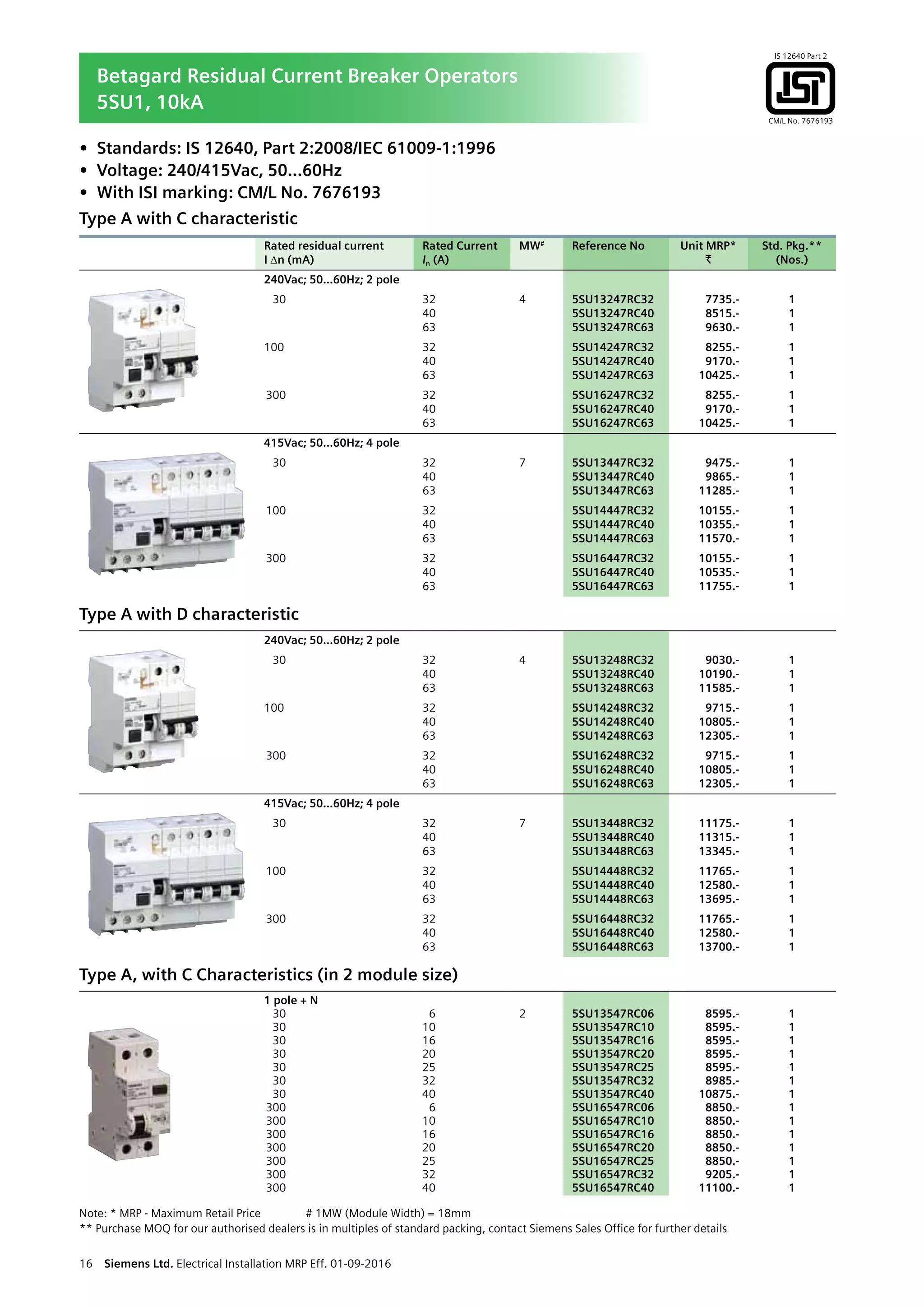 Mcb price list_electrical_installations_a_to_z_w.e.f_1st_sep_2016 | PDF