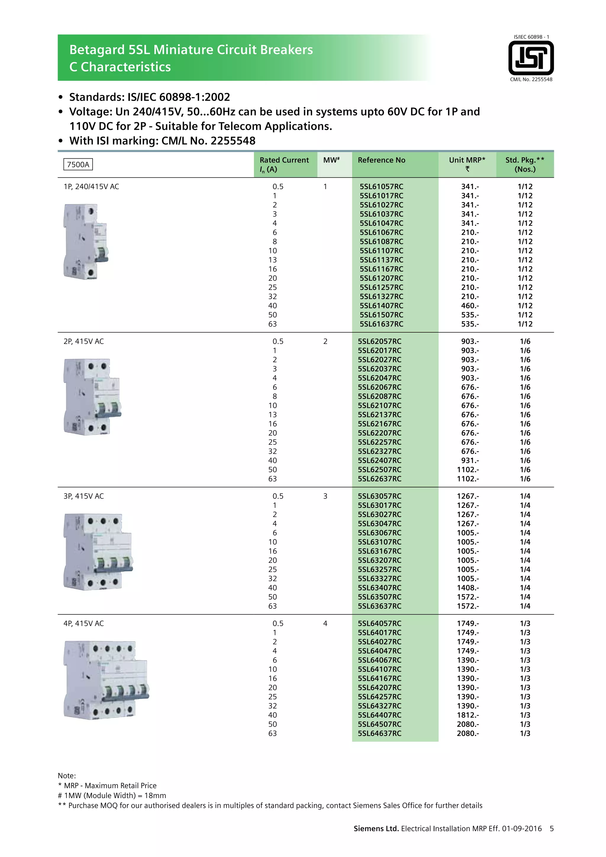Mcb price list_electrical_installations_a_to_z_w.e.f_1st_sep_2016 | PDF