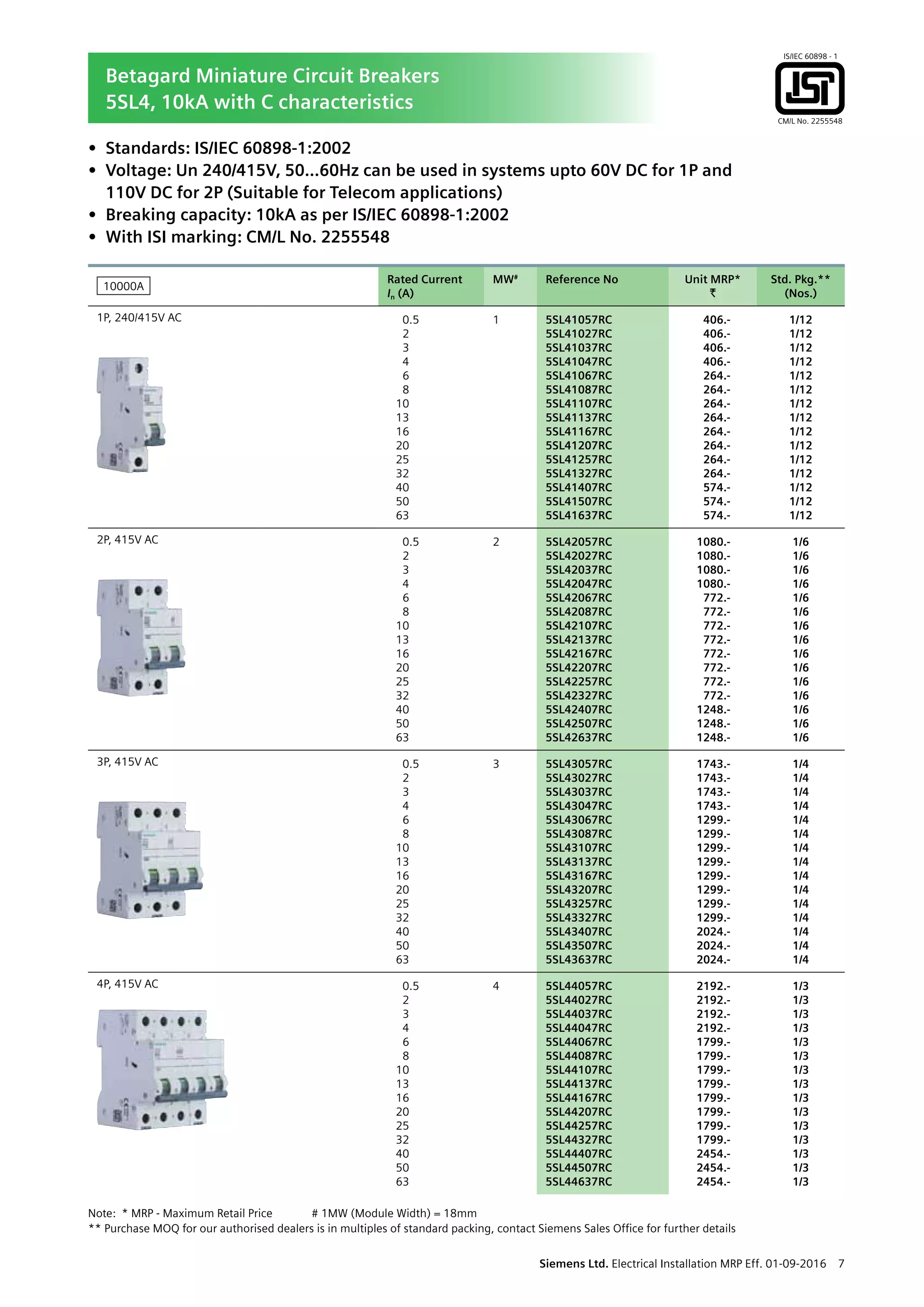Mcb price list_electrical_installations_a_to_z_w.e.f_1st_sep_2016 | PDF