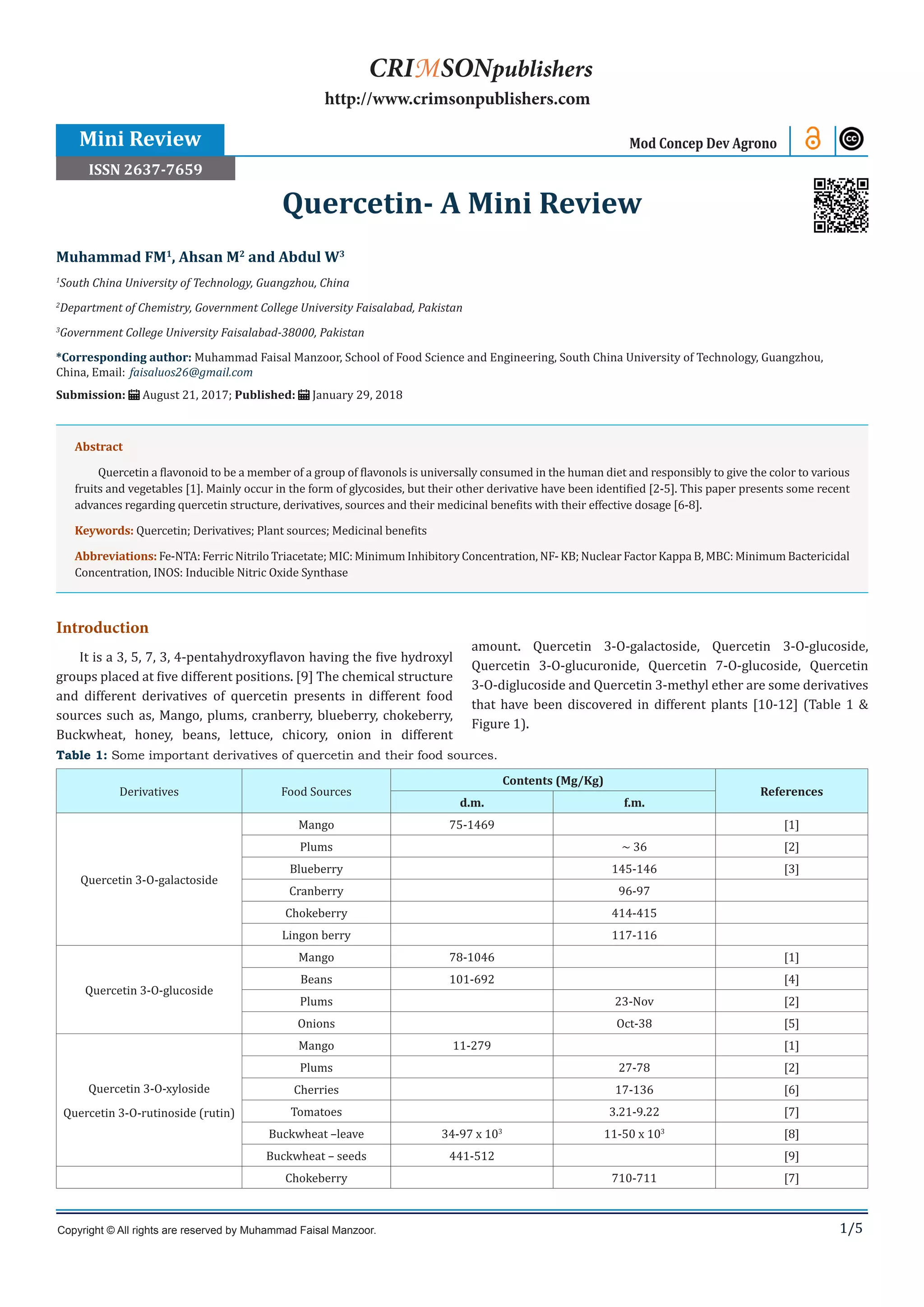 Quercetin- A Mini Review-Crimson Publishers | PDF