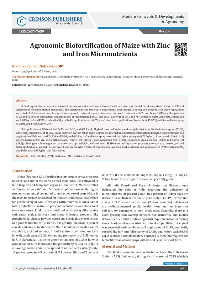 Agronomic Biofortification of Maize with Zinc and Iron Micronutrients by Salakinkop SR in Modern ...