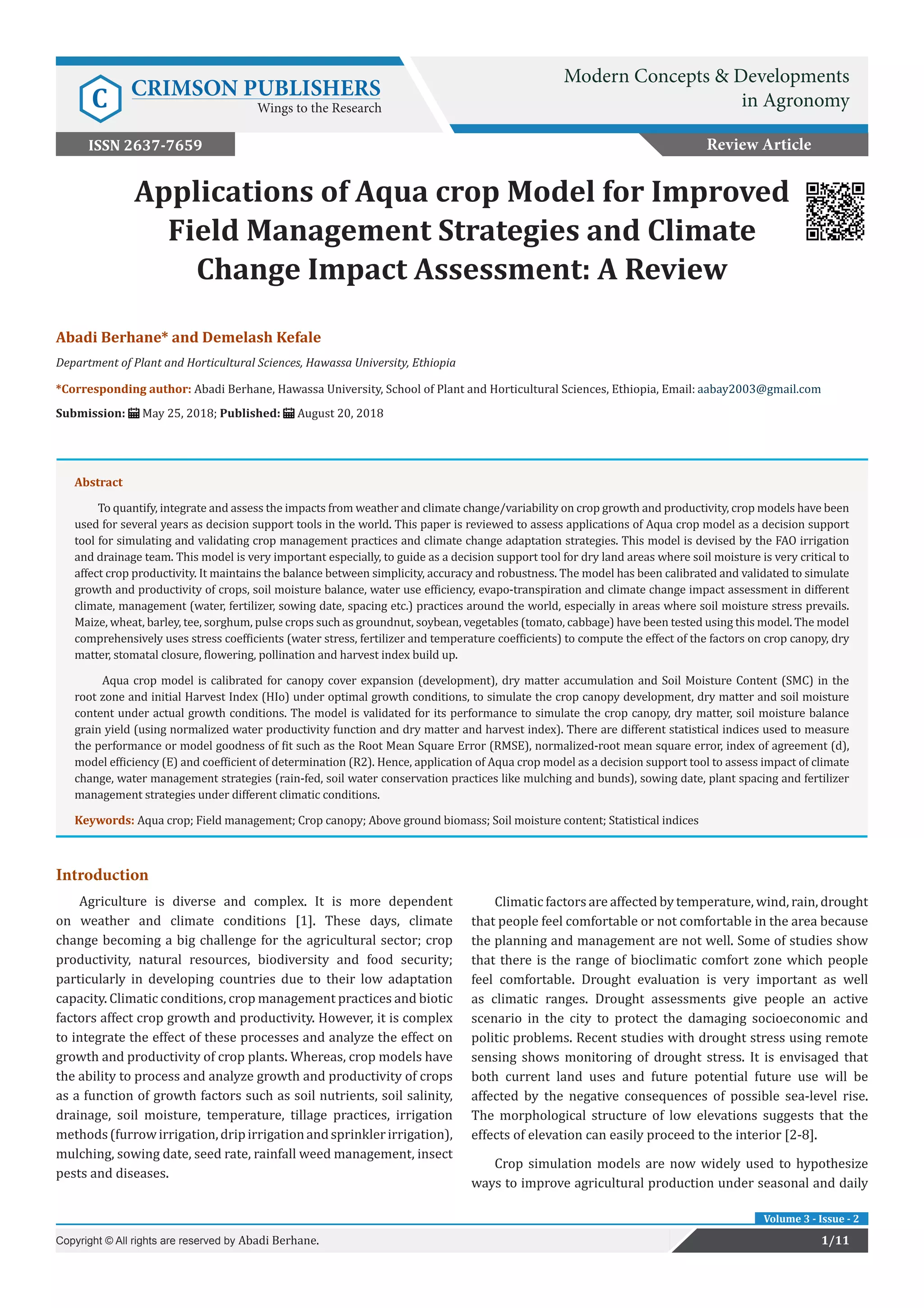 Applications of Aqua crop Model for Improved Field Management ...