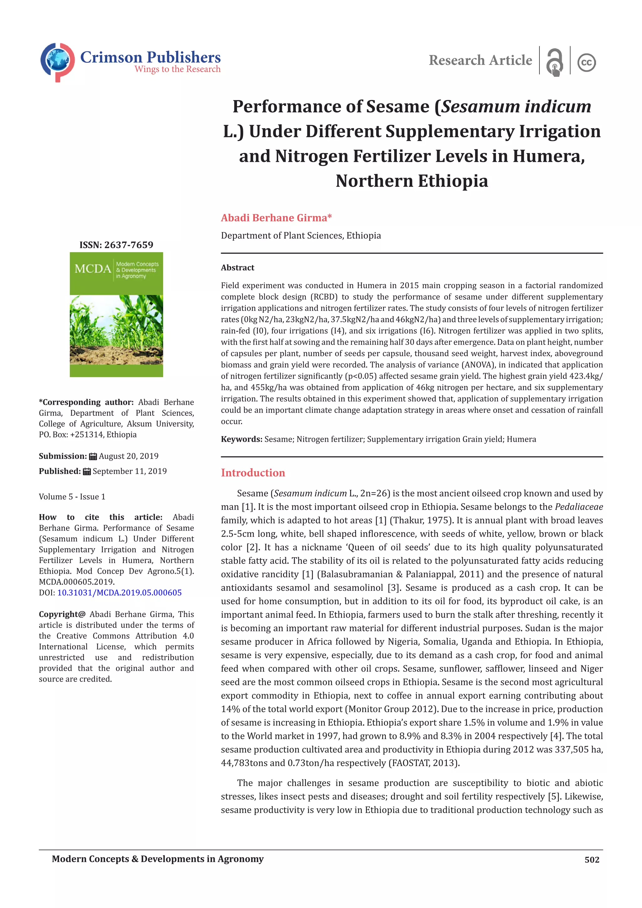 Performance of Sesame (Sesamum indicum L.) Under Different ...