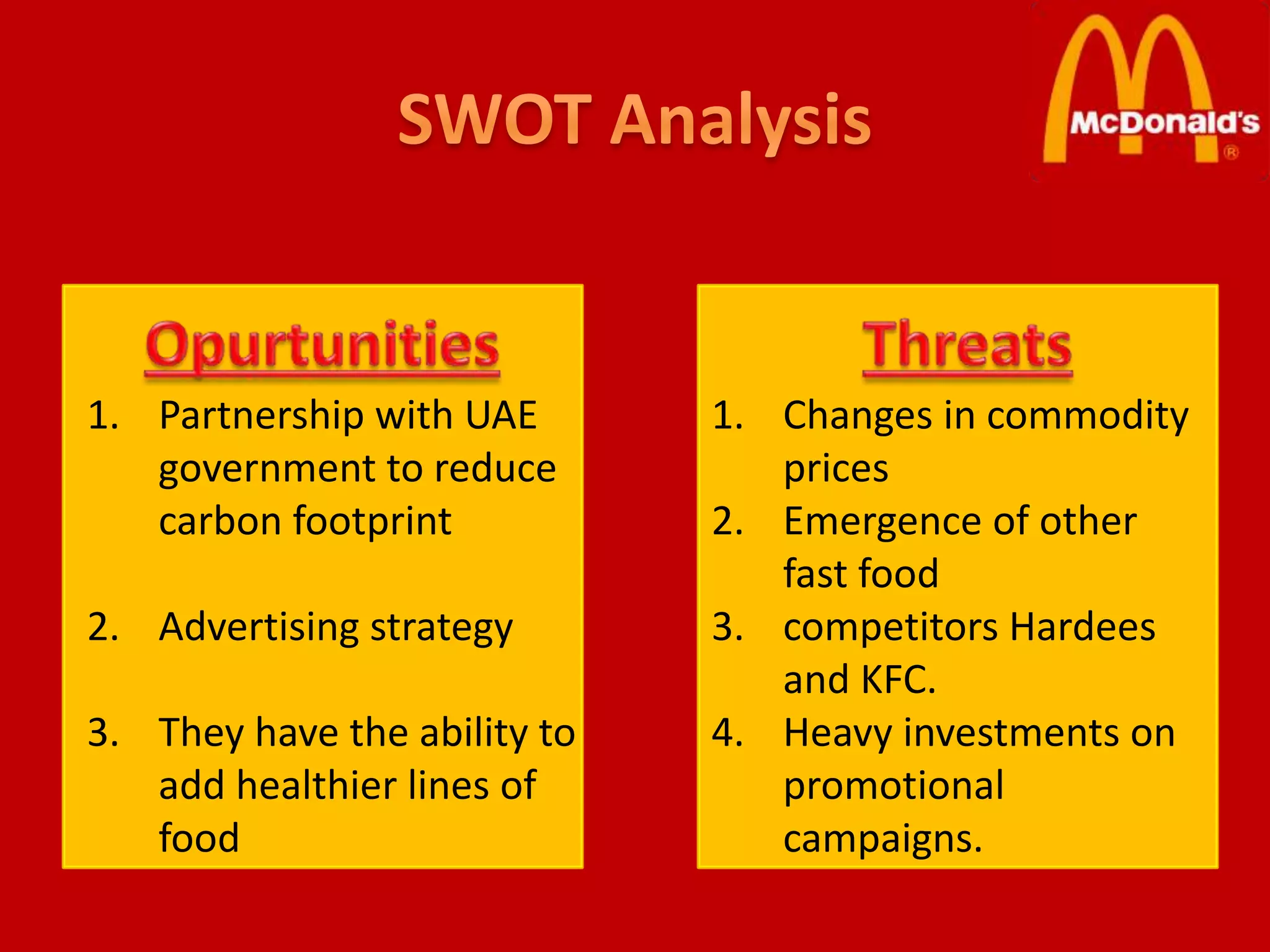 Mcdonalds UAE- PESTLE, Porter's 5, SWOT, Issues & Recomendations. | PPT