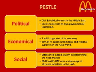 Mcdonalds UAE- PESTLE, Porter's 5, SWOT, Issues & Recomendations. | PPT