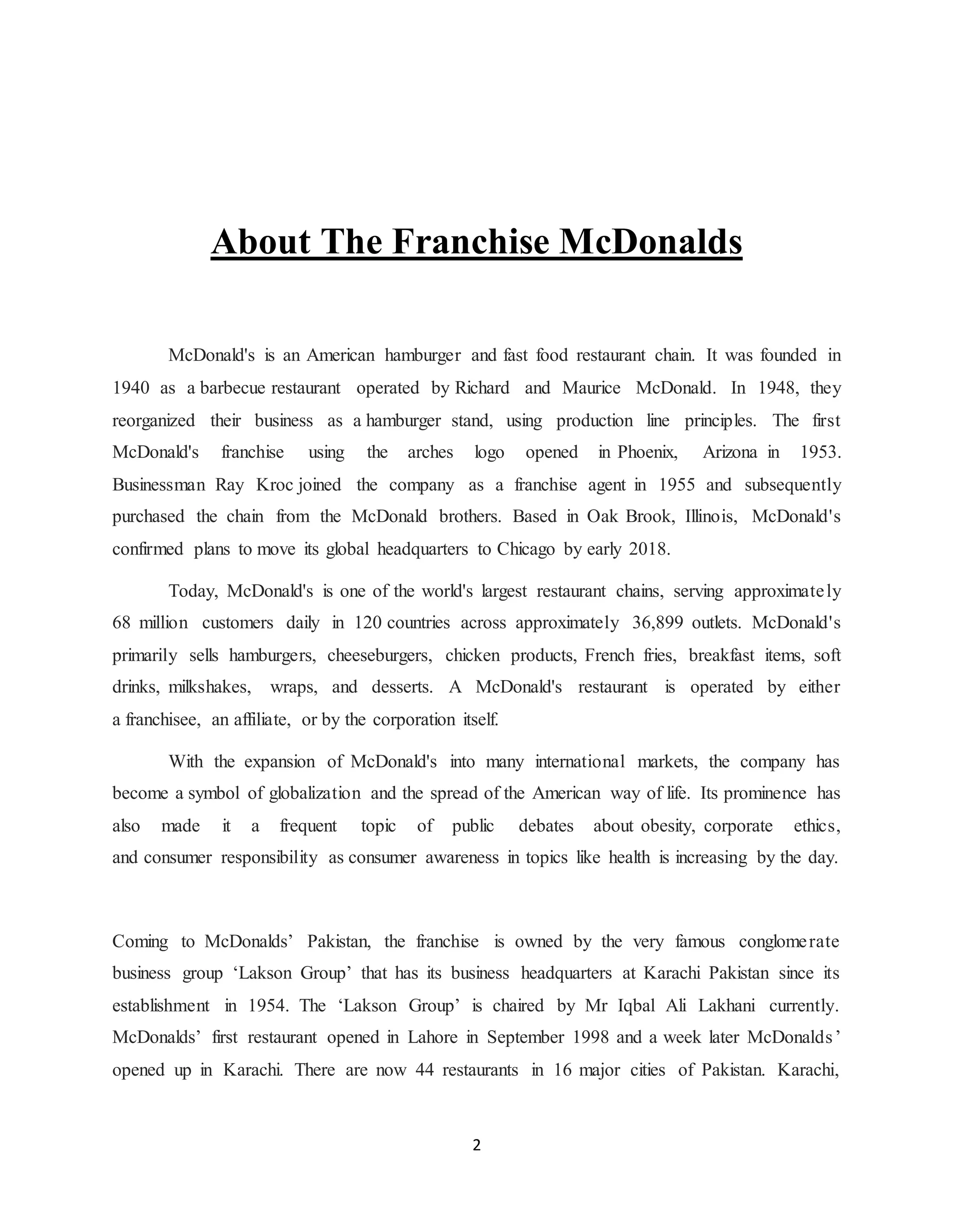 McDonalds in Pakistan - Economic Analysis and Company Structure | DOCX