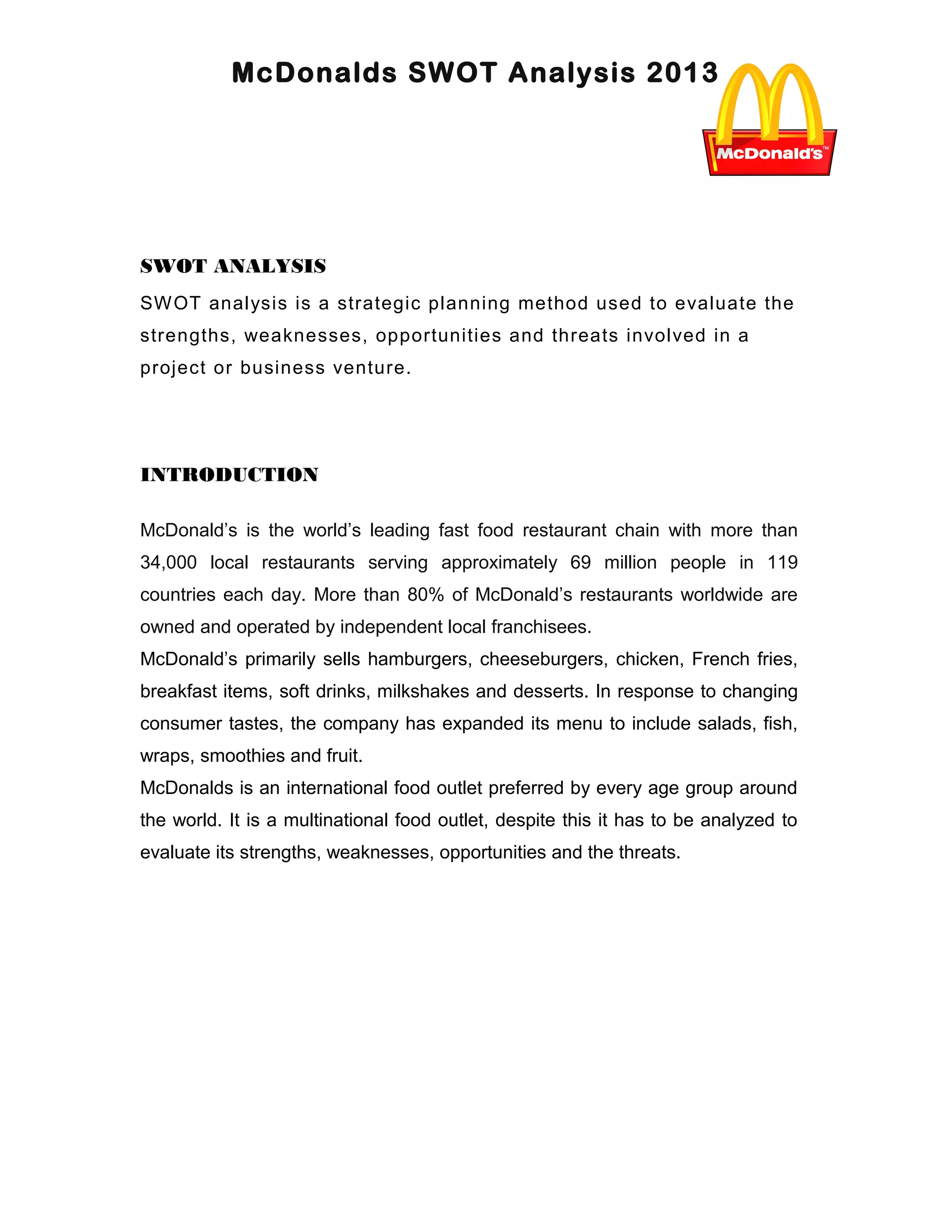 Mc donalds swot analysis | DOC