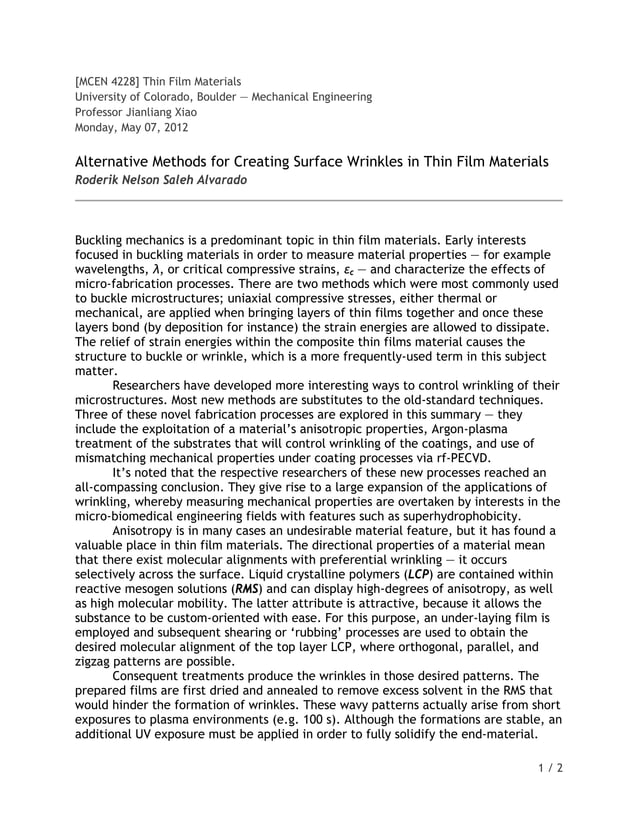 Thin Film Materials: Alternative Methods for Creating Surface Wrinkles | PDF