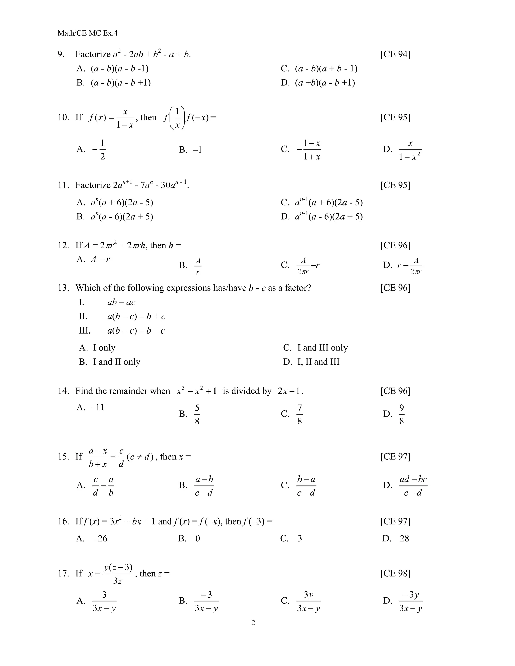 Mc Ex[1] 4 Unit 4 Formulae Polynomials And Algebraic Fractions Pdf