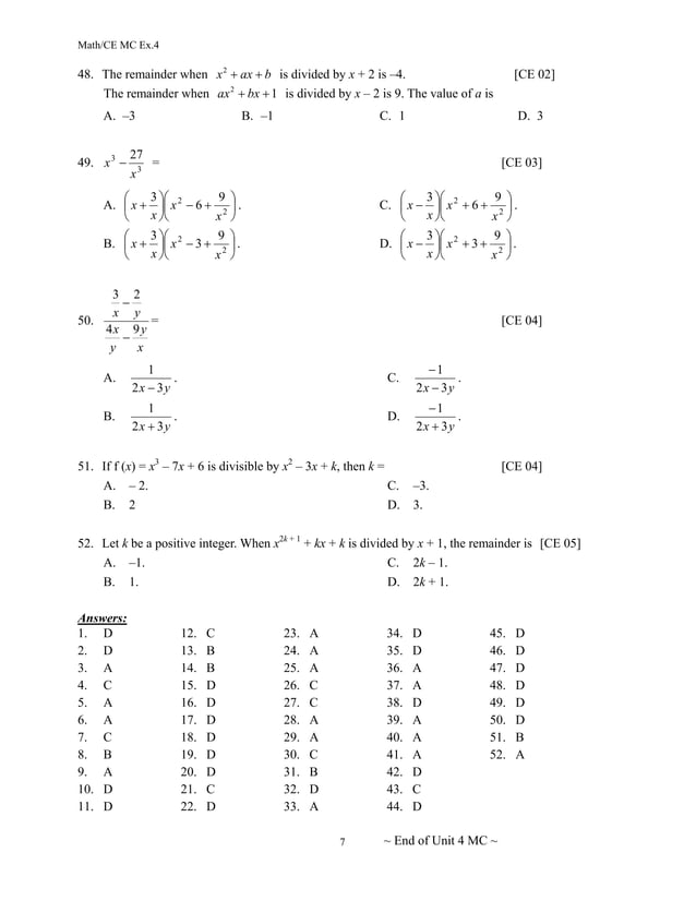 Mc Ex[1] 4 Unit 4 Formulae Polynomials And Algebraic Fractions Pdf