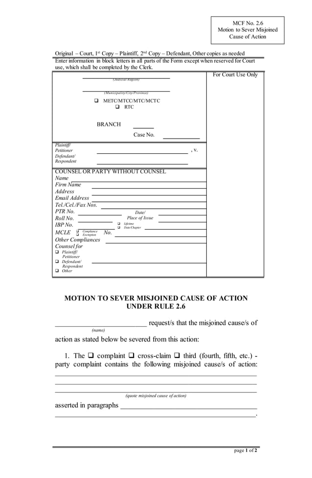 motion to sever misjoined cause of action | DOC | Law