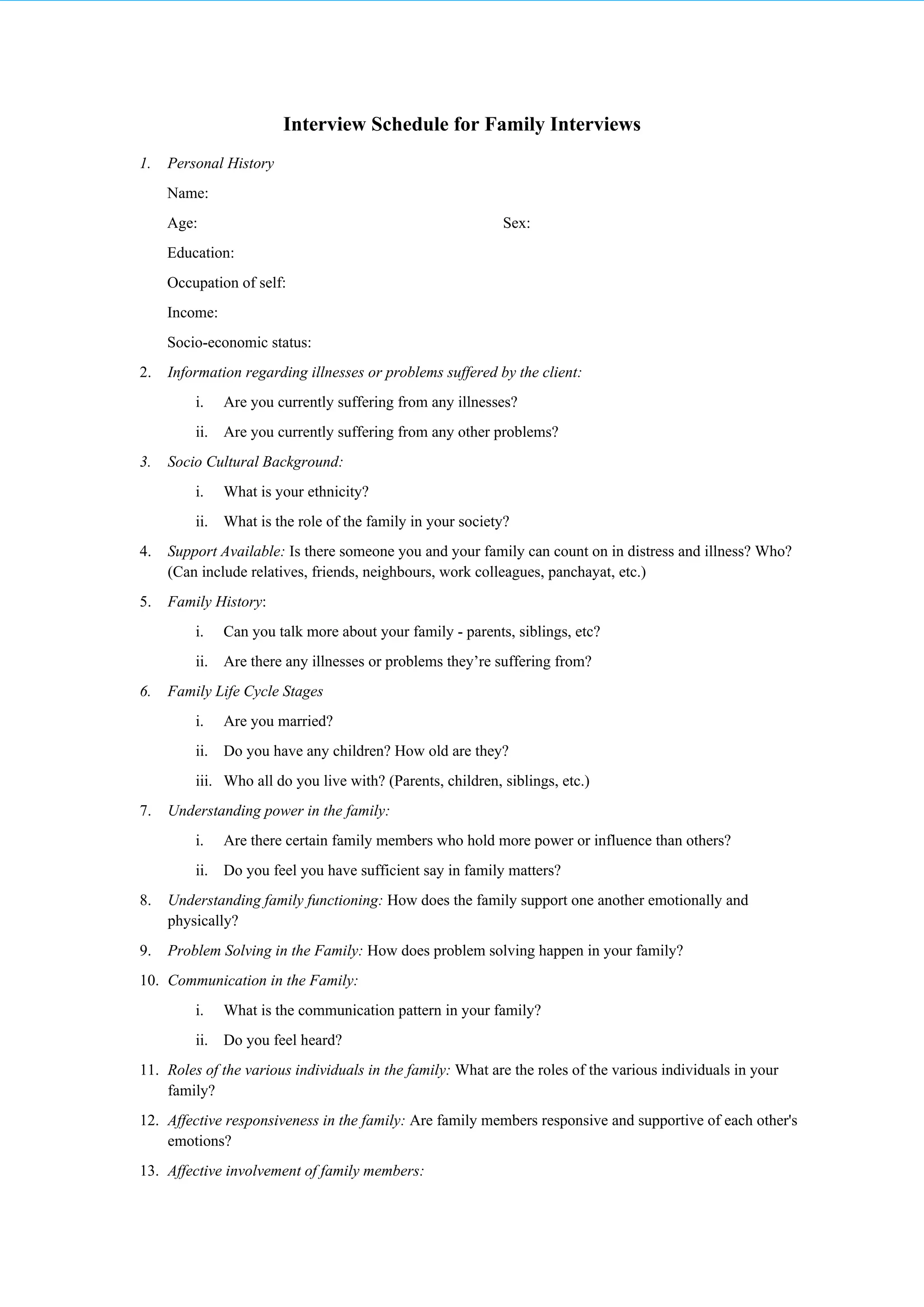Family Assessment Tools: Family Interview Schedule | PDF
