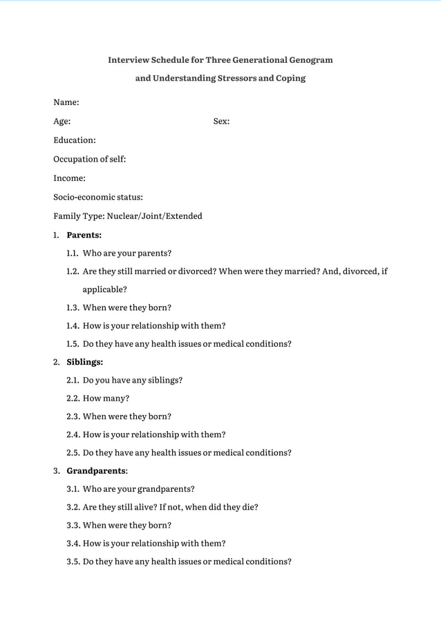 Assessment: Interview Schedule for Three Generational Genogram and ...