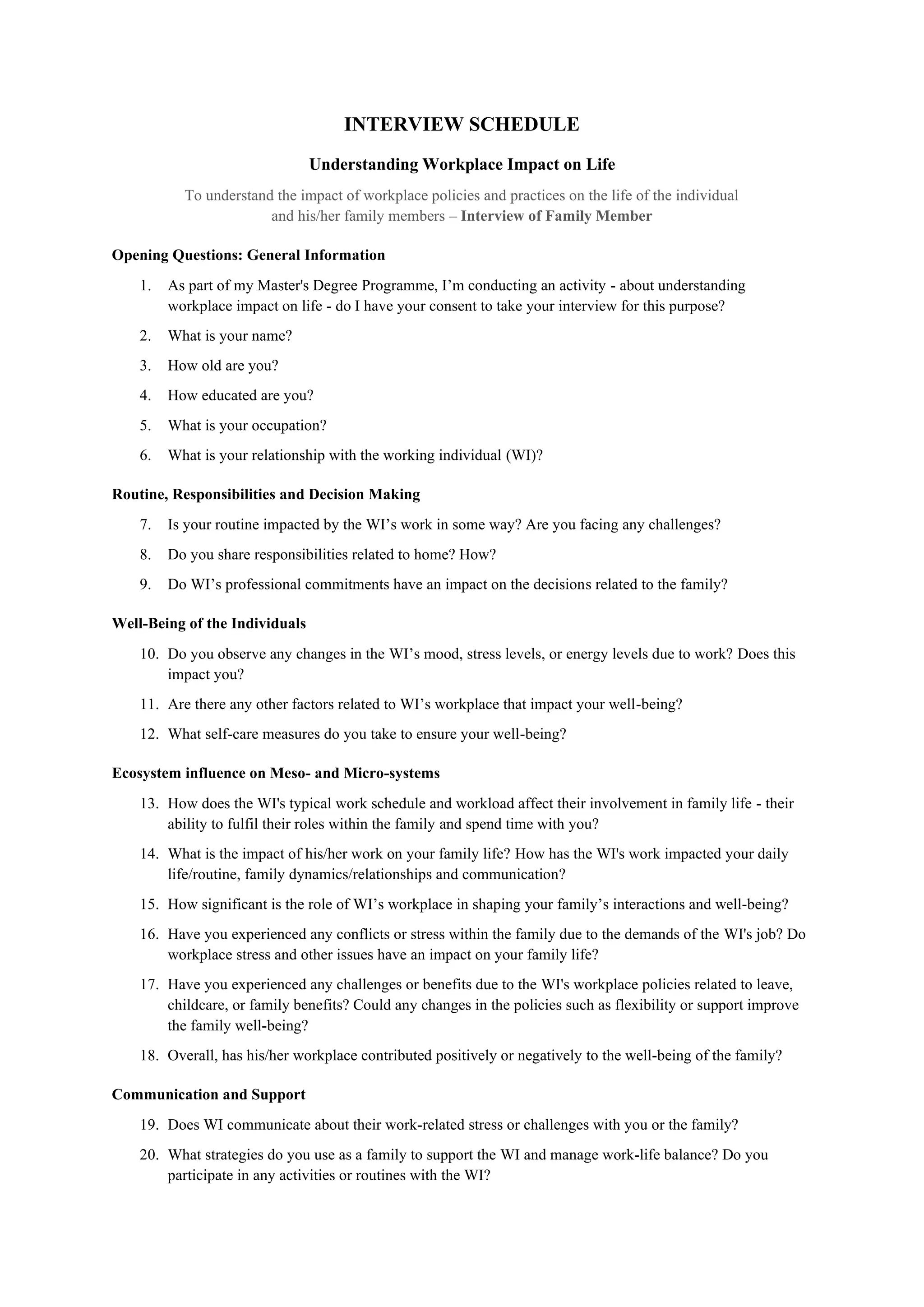 Assessment Tools: Interview Schedule for Understanding Workplace Impact on Life - Family Member ...