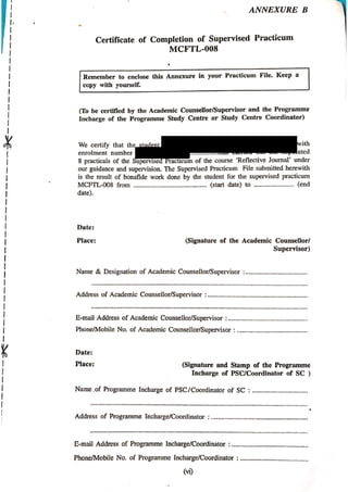 IGNOU Sample Practical File for MCFTL008 Reflective Journal | PDF