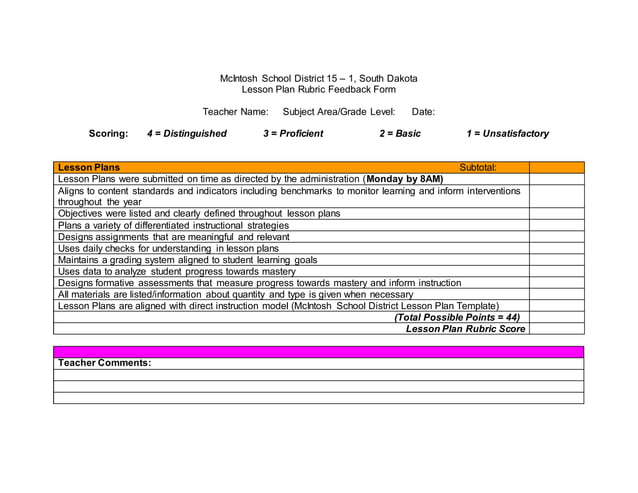 McIntosh School District 15 – 1 lesson plan feedback form | DOCX