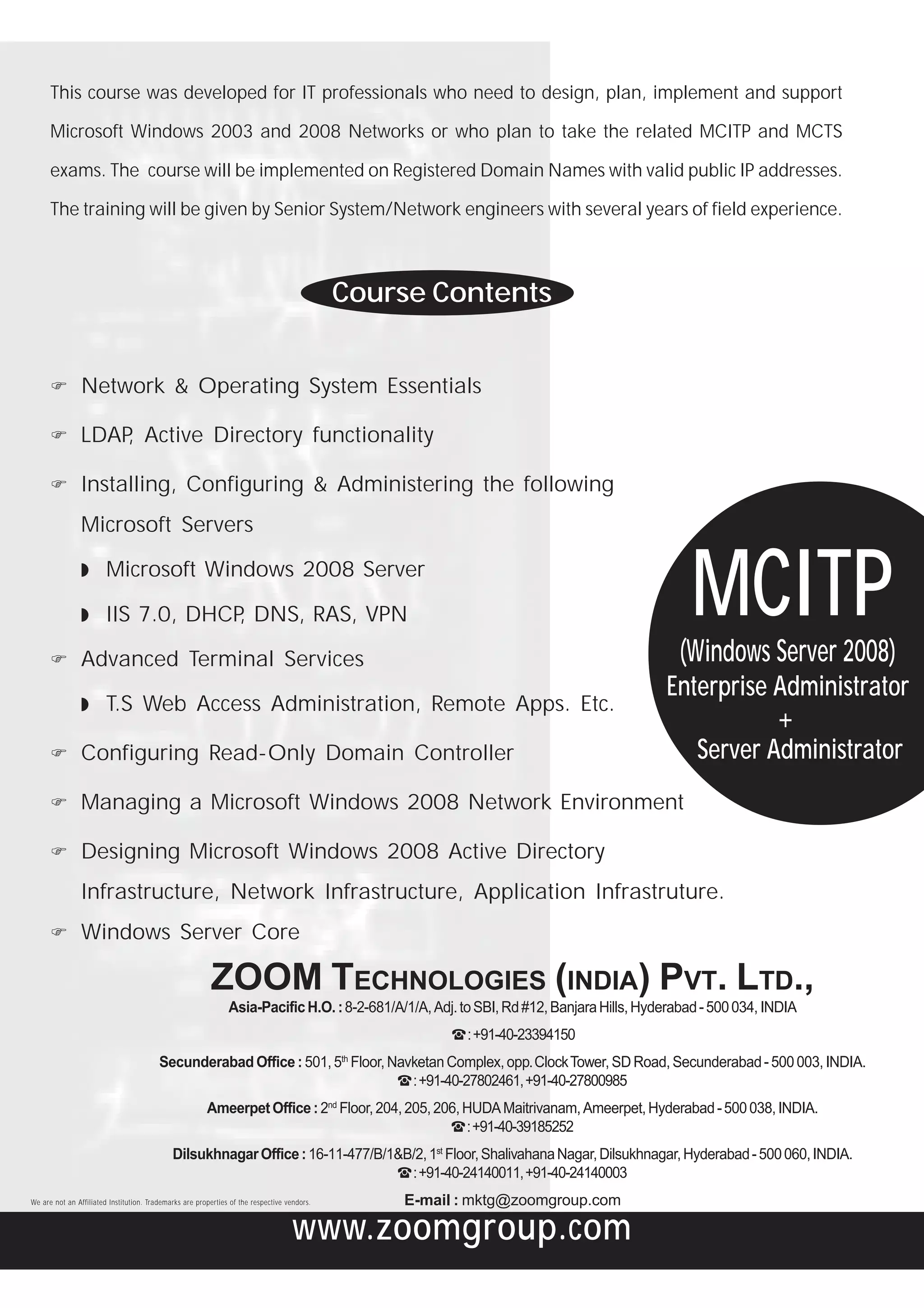 Mcitp course details | PDF | Operating Systems | Computer Software and Applications