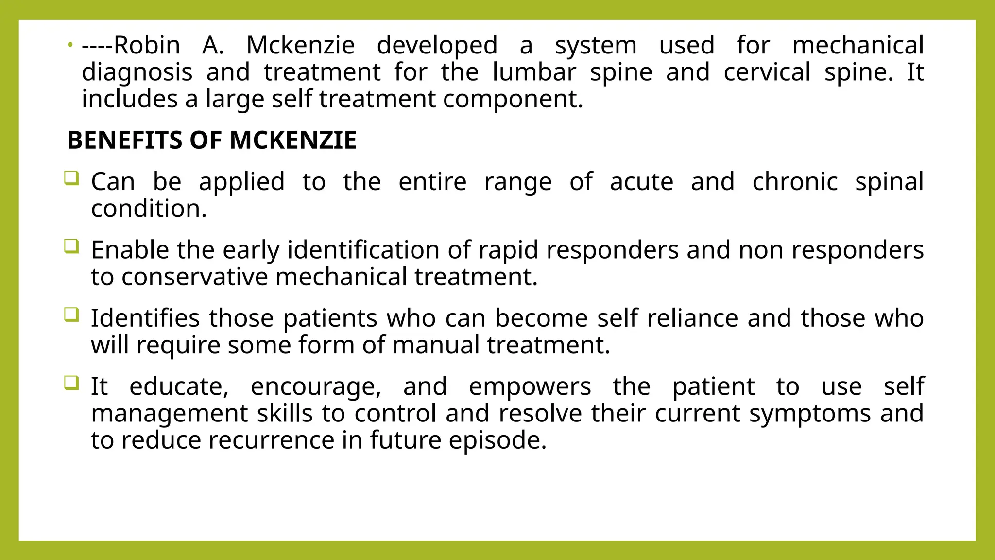 MCKENZIE Mckenzie method of mechanical diagnosis and therapy , a system ...