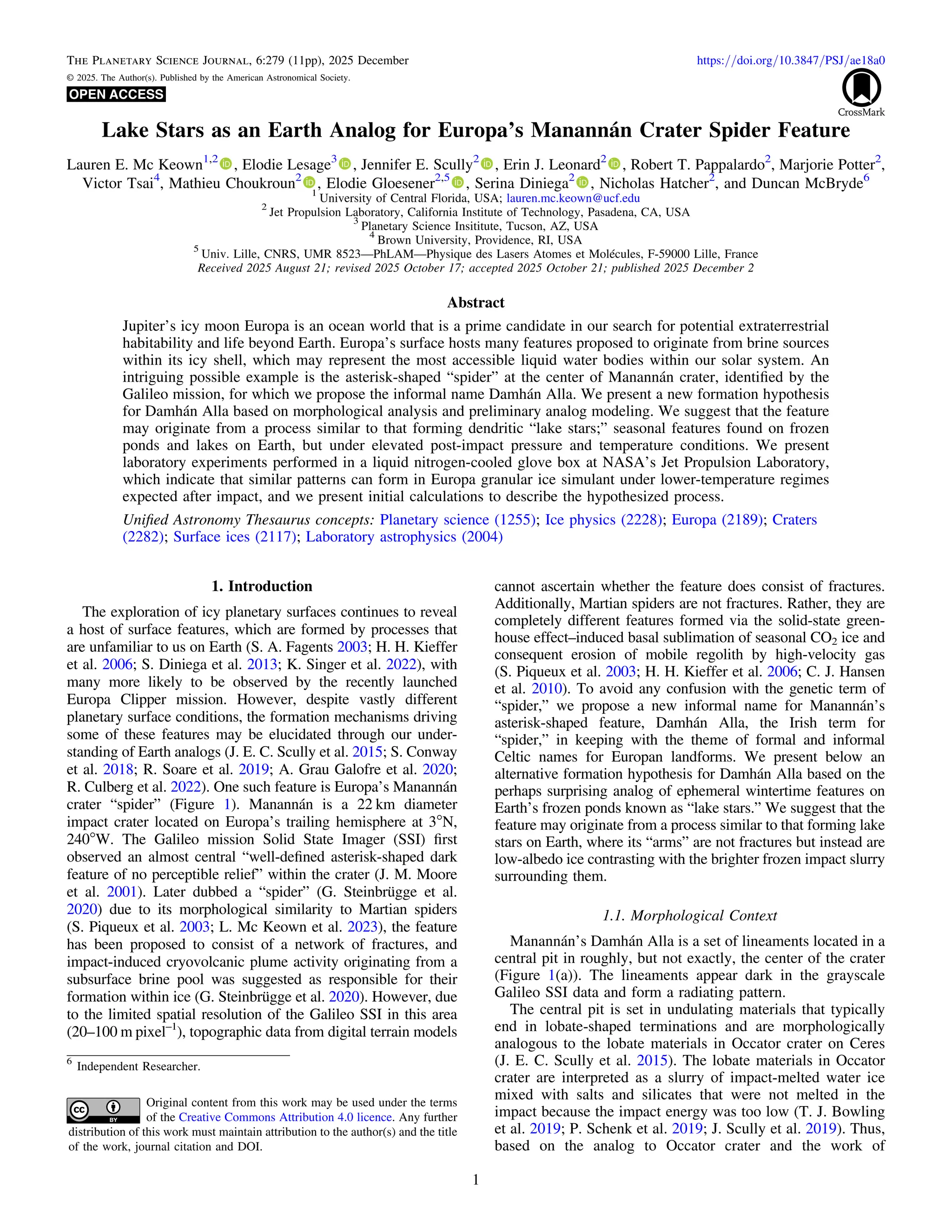 Lake Stars as an Earth Analog for Europa’s Manannán Crater Spider ...