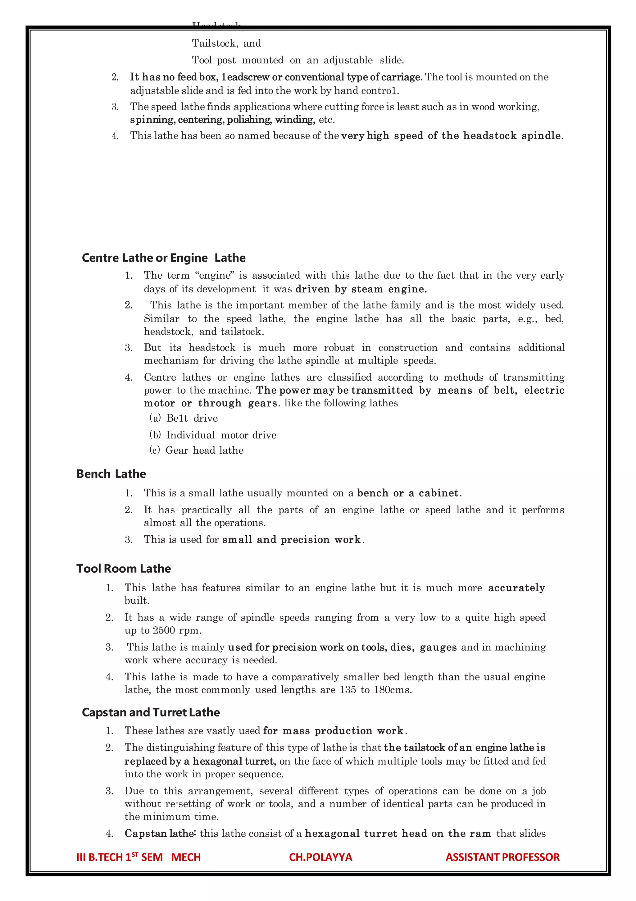 LATHE MACHINE NOTES BY POLAYYA CHINTADA | DOCX