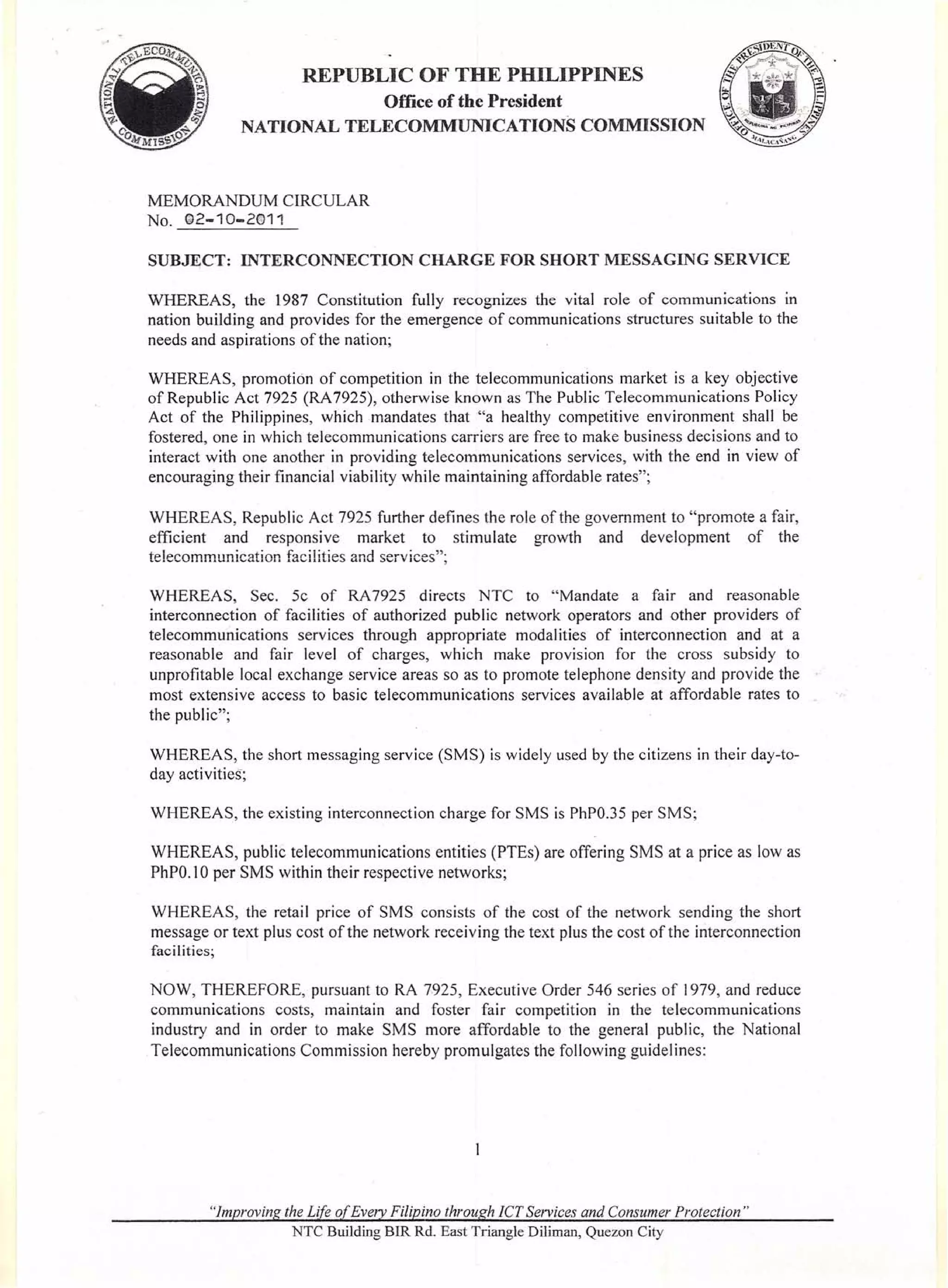 MC No. 02-10-2011: SMS Interconnection Charge | PDF