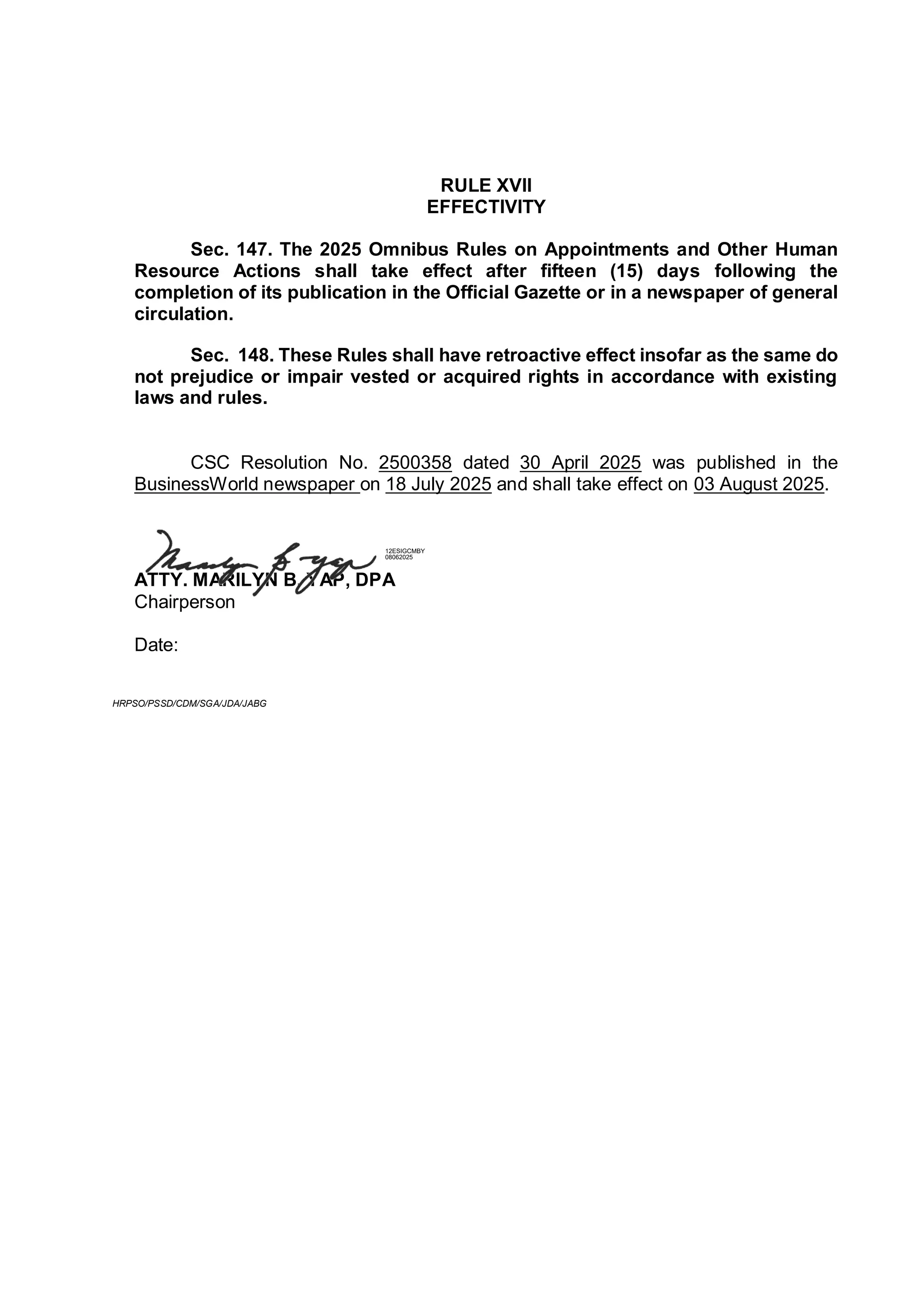 MC No. 08 s. 2025 of the CSC Omnibus Rules on Appointments and Other HR ...