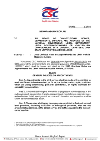 MC No. 08 s. 2025 of the CSC Omnibus Rules on Appointments and Other HR ...