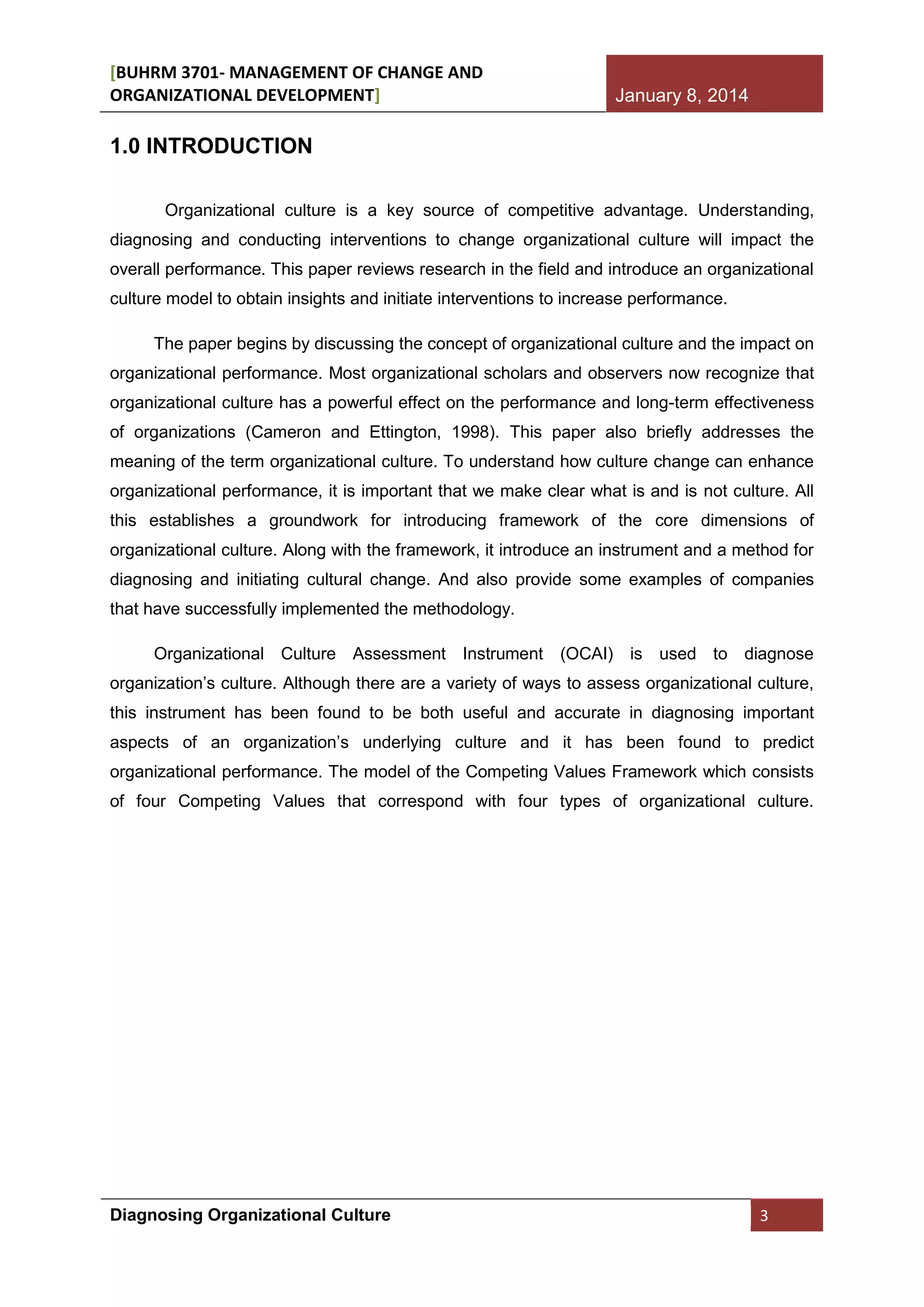 DIAGNOSING ORGANISATIONAL CULTURE BY USING OCAI | DOCX | Business ...