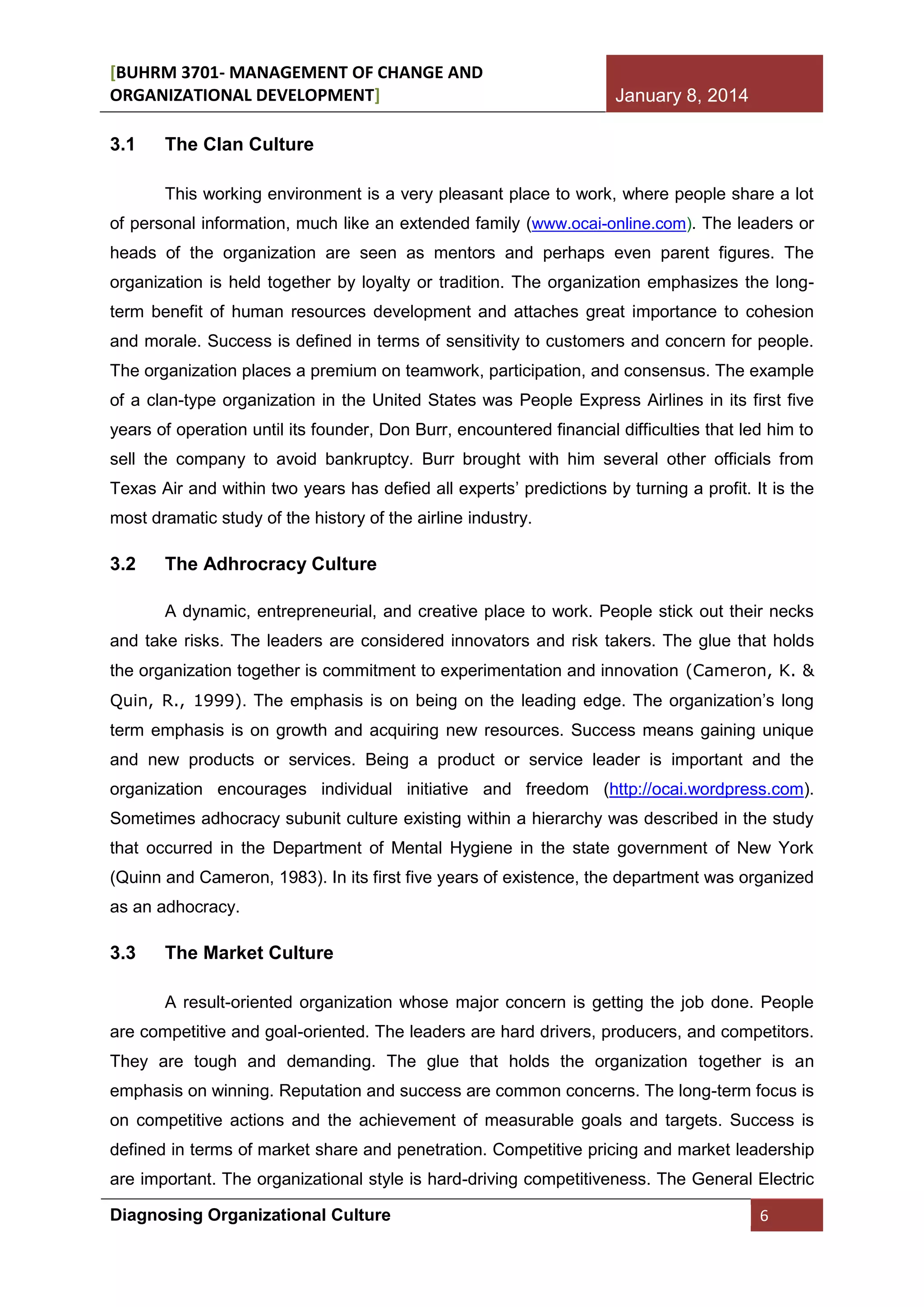 DIAGNOSING ORGANISATIONAL CULTURE BY USING OCAI | DOCX | Business ...