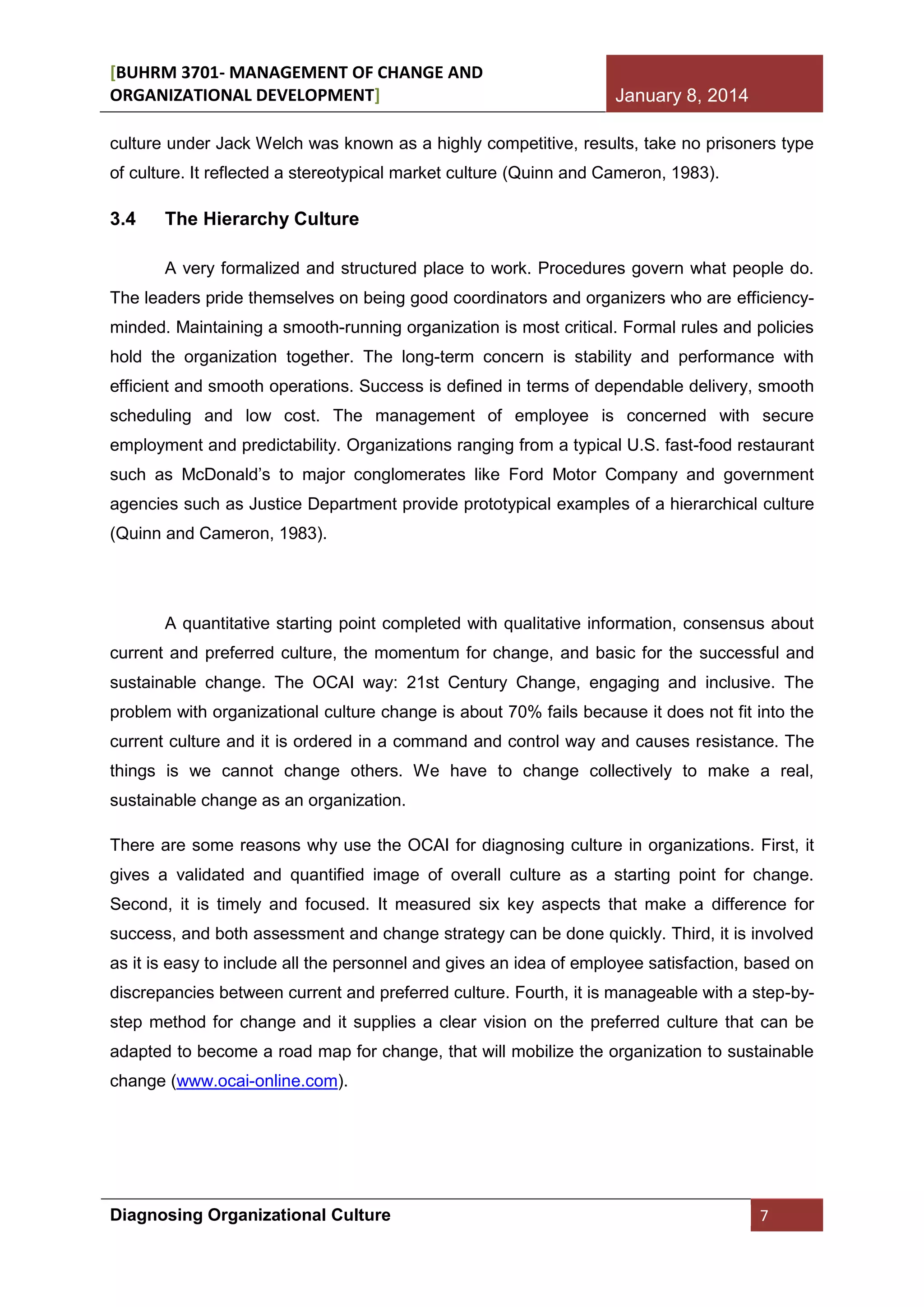 DIAGNOSING ORGANISATIONAL CULTURE BY USING OCAI | DOCX | Business ...