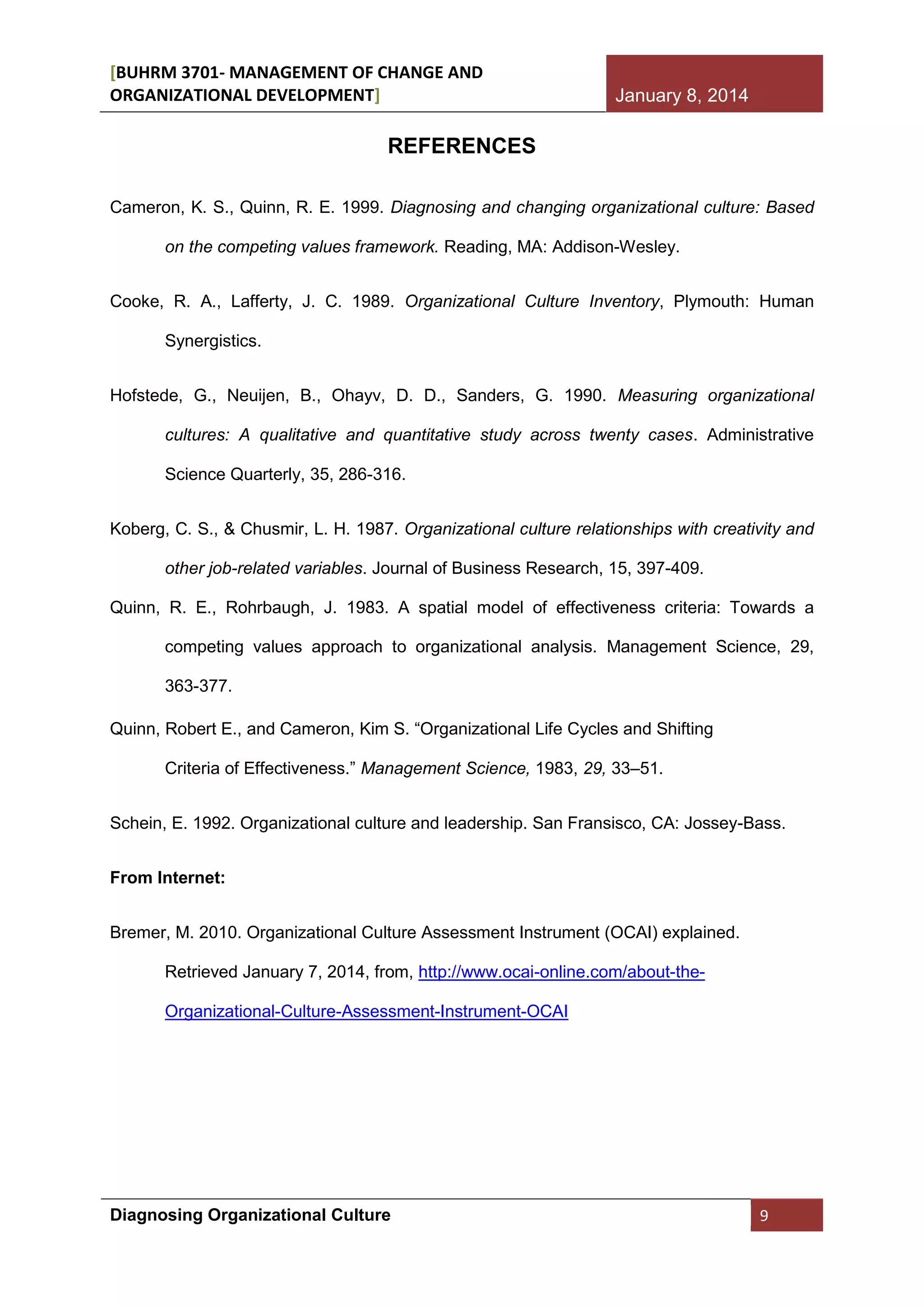 DIAGNOSING ORGANISATIONAL CULTURE BY USING OCAI | DOCX