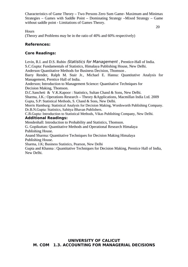 Mcom syllabus for calicut university | PDF