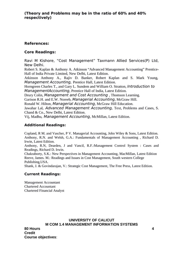 Mcom syllabus for calicut university | PDF