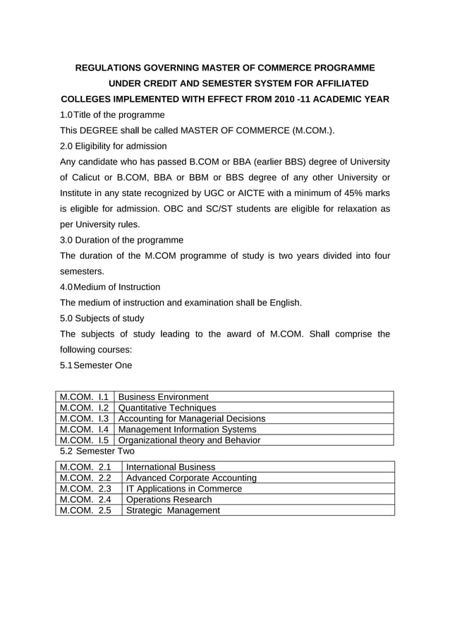 Mcom syllabus for calicut university | PDF