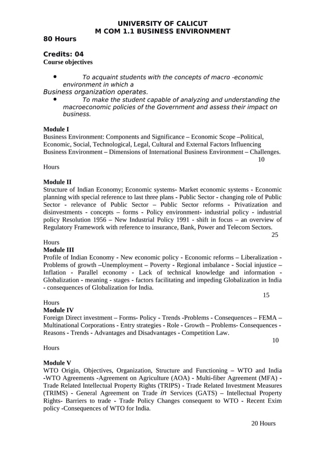 Mcom syllabus for calicut university | PDF