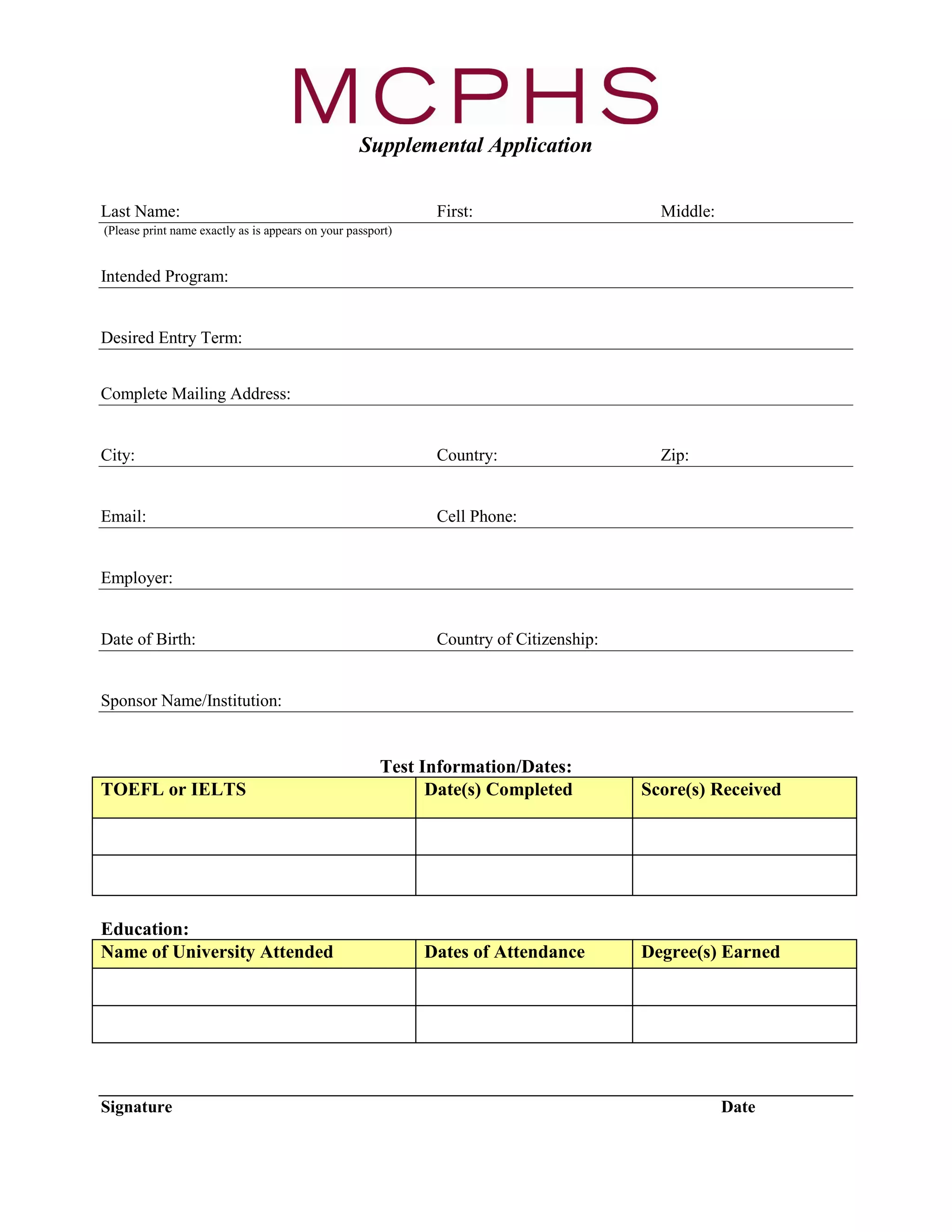 Mcphs supplemental application | PDF