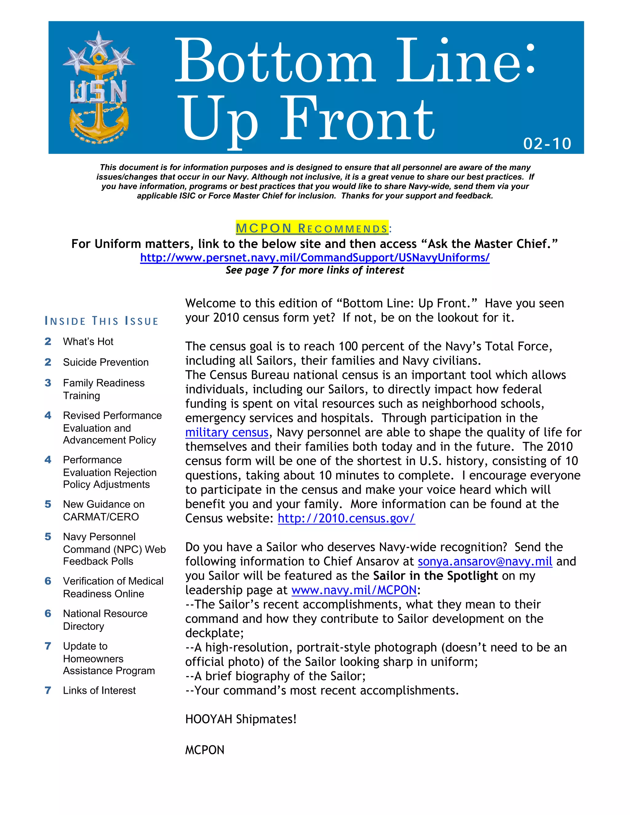 MCPON BLUF March 2010 Final | PDF