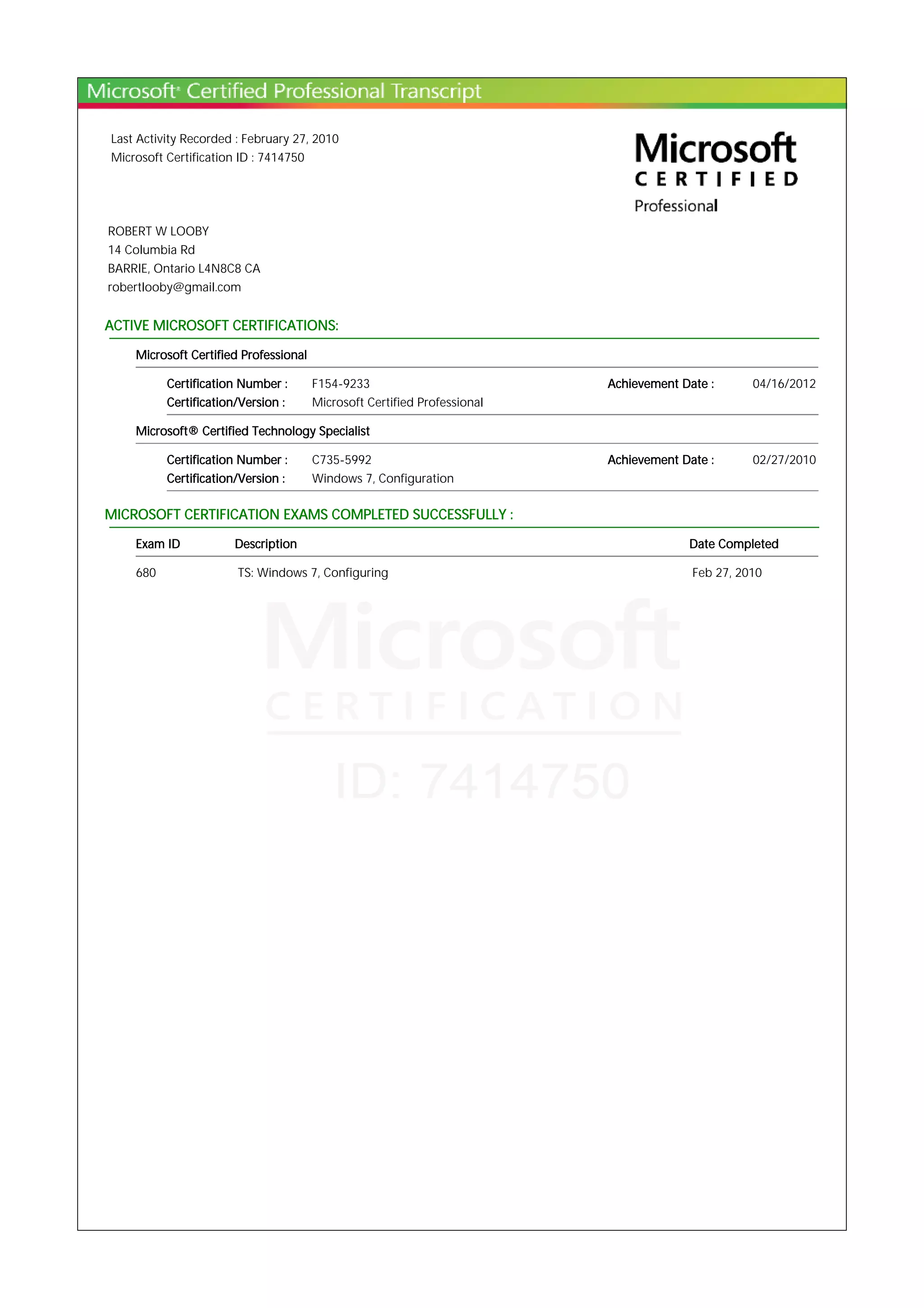 Microsoft Certified Professional Transcript | PDF | Technology & Computing