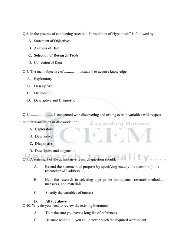 MCQ for Research and methodology mcqs with answersy | PDF | Educational ...