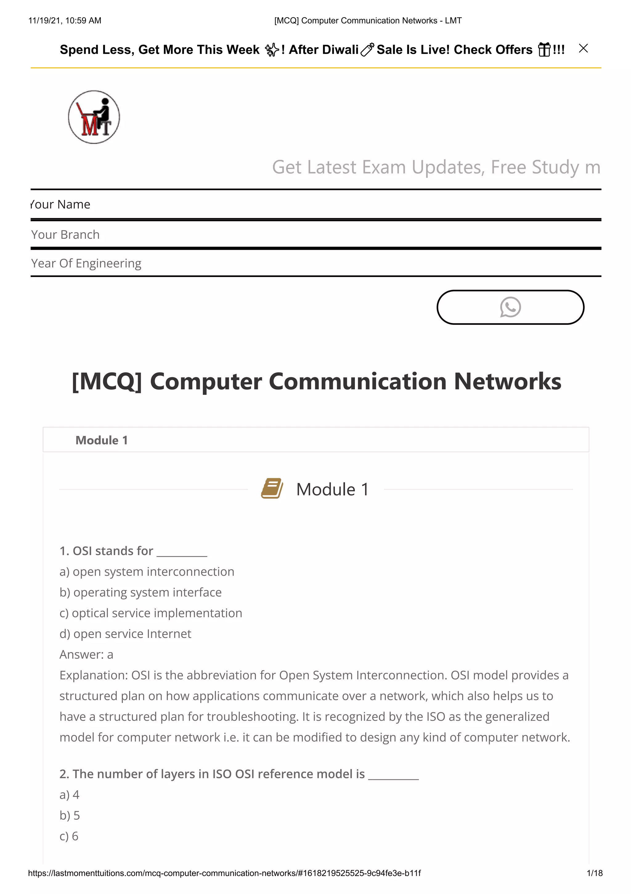 computer communication networks MCQs | PDF