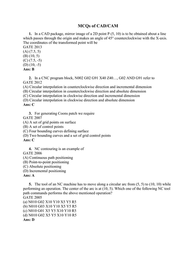 Multiple Choice Questions for CAD/CAM | PDF