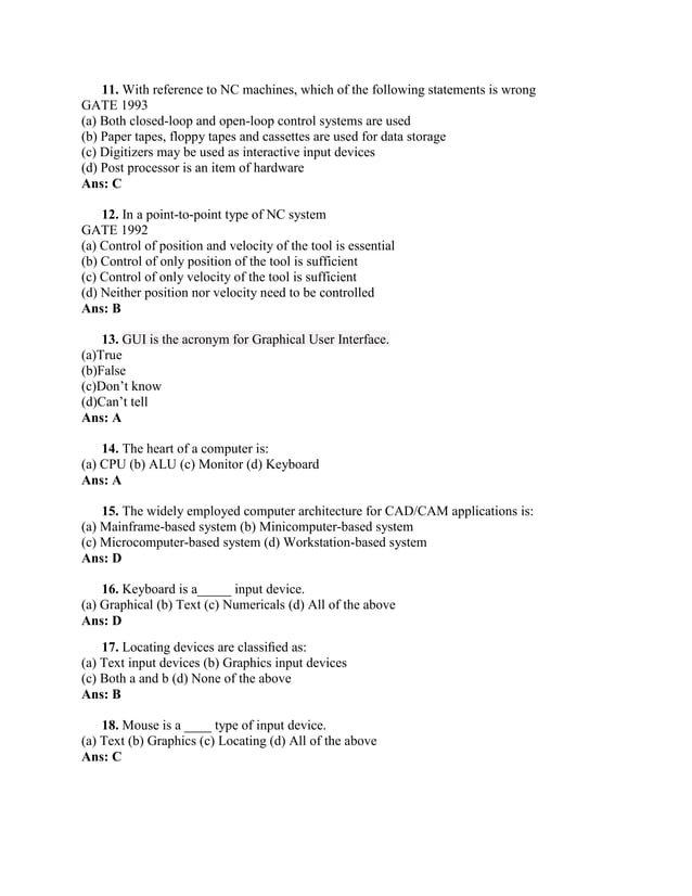 Multiple Choice Questions for CAD/CAM | PDF