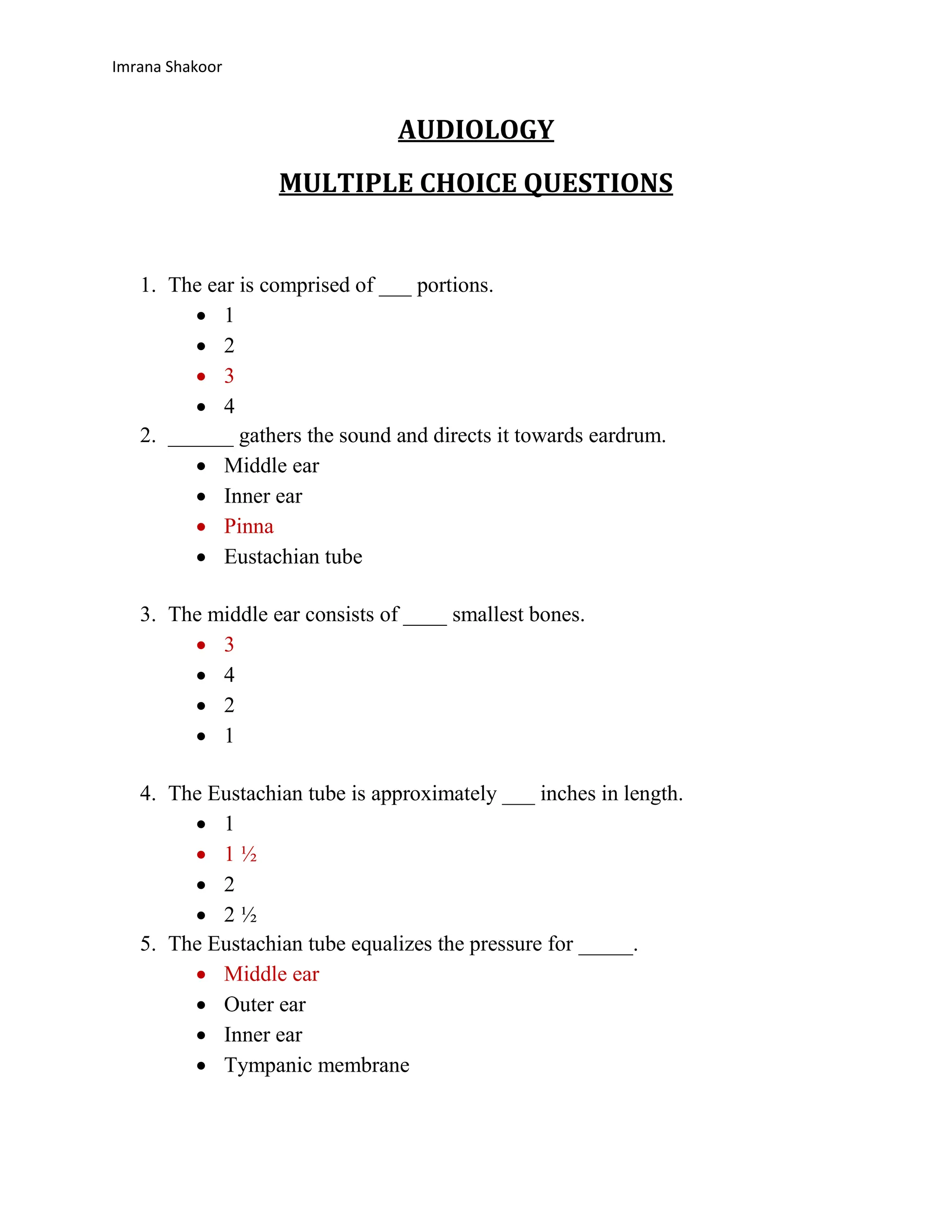 Multiple choice questions for Audiology & hearing issues | DOCX