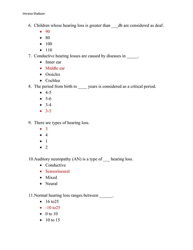Multiple choice questions for Audiology & hearing issues | DOCX