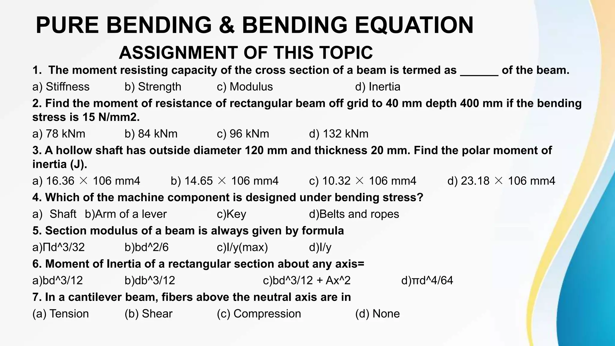 Mcq module 1 on pure bending | PPT