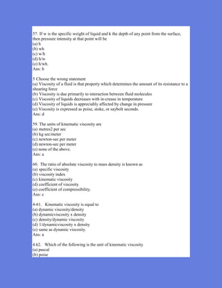 MCQ on Hydraulics and Fluid Mechanics | PDF