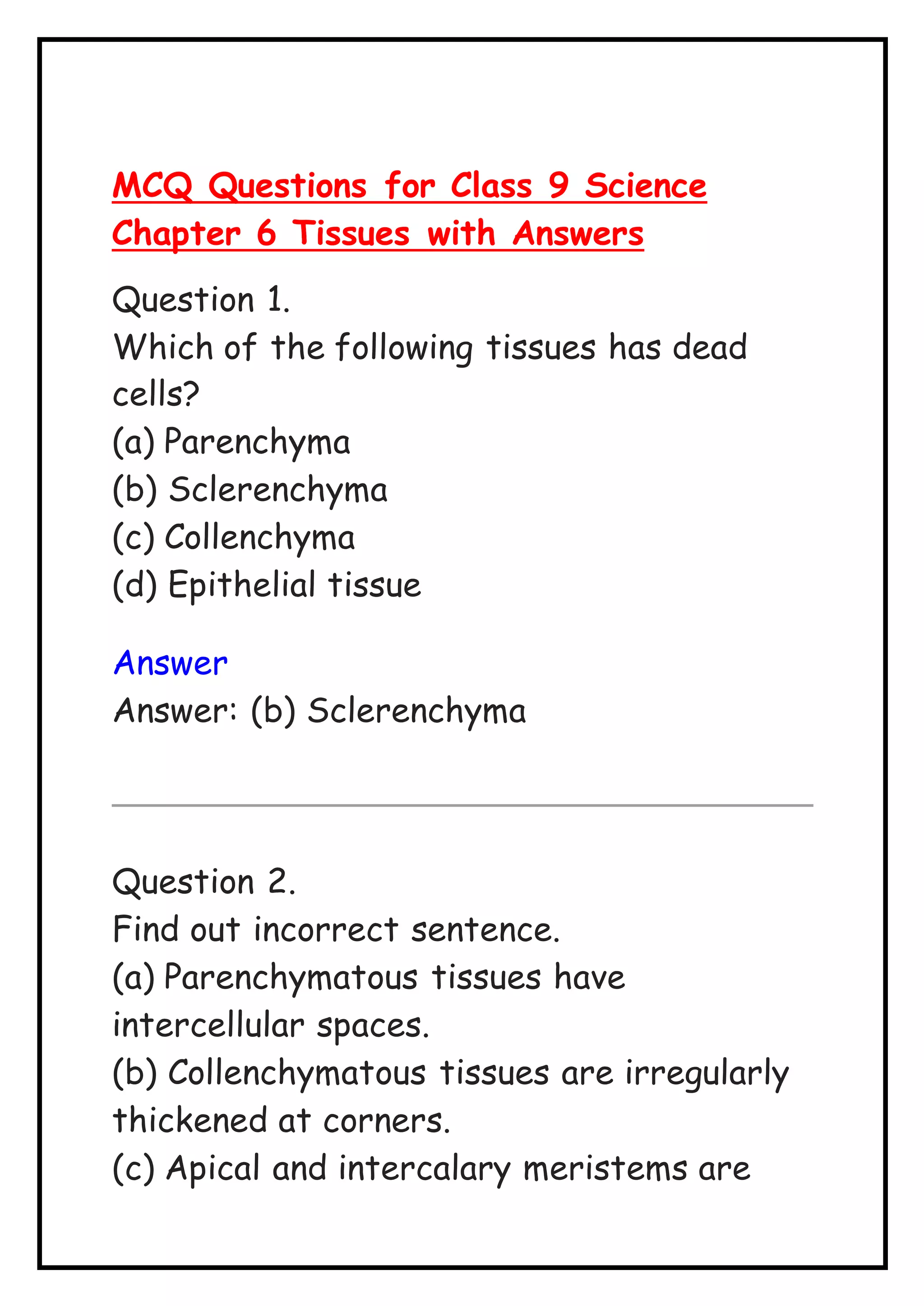 Mcq's of class 9 chapter Tissues | DOCX